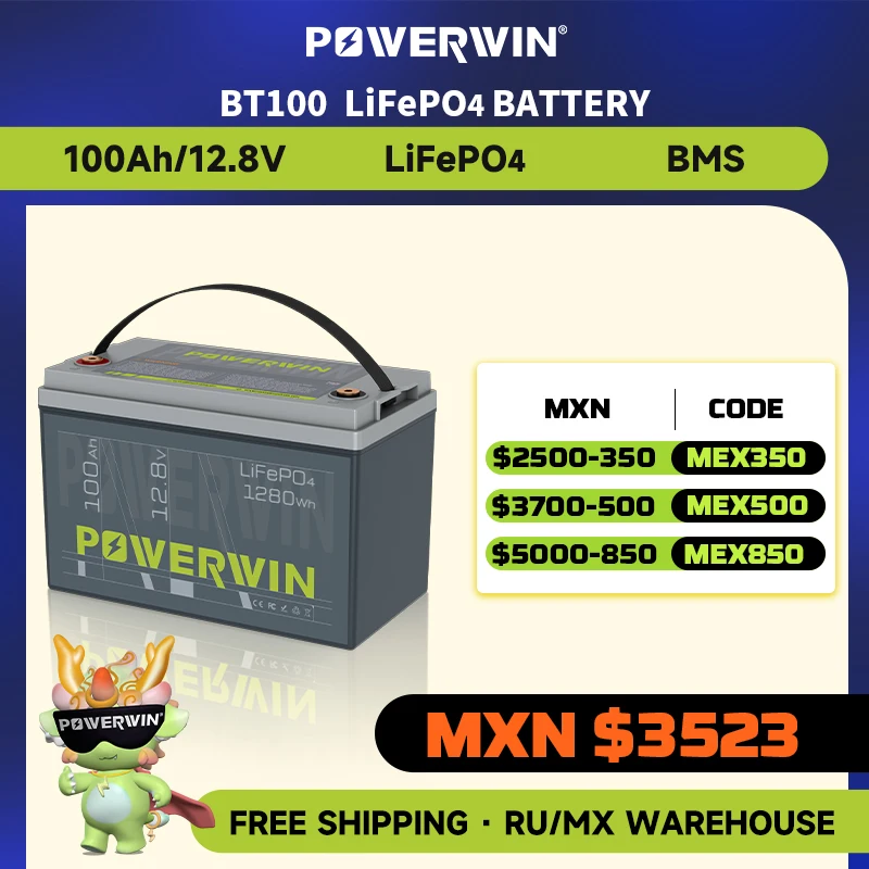 POWERWIN-BT100-LiFePO4-Battery-12-8V-100Ah-1280Wh-Built-in-BMS-Fish ...