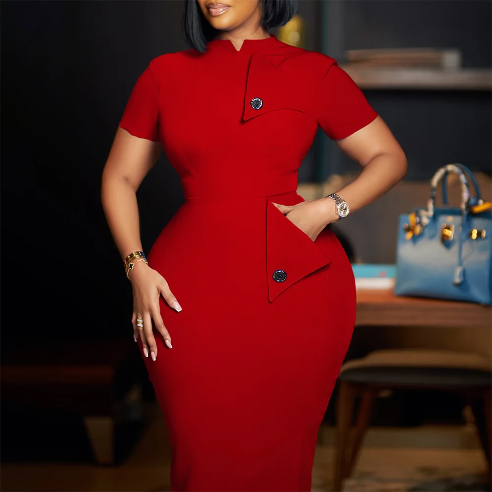 Elegant-Bodycon-Dresses-for-Office-Ladies-O-Neck-Short-Sleeve-Buttons ...