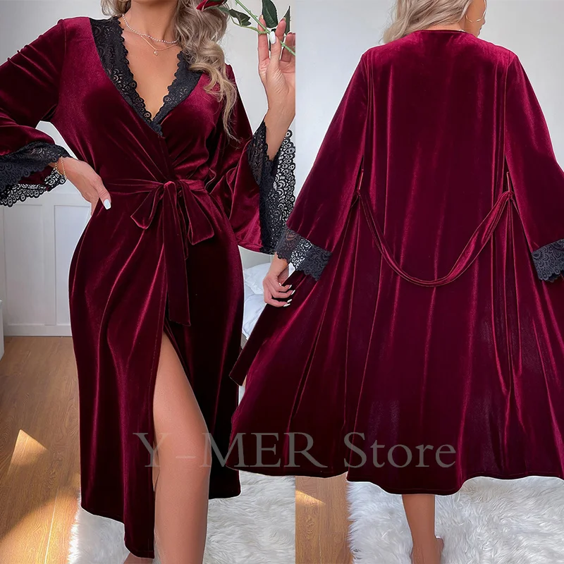 Sexy Lace Up Velour Long Robe Nightwear Women's Sleepwear Burgundy ...