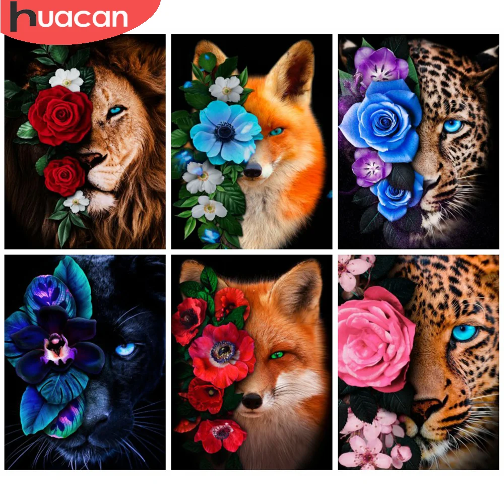 HUACAN Full Square Round Fox Diamond Painting Leopard 5D Embroidery ...