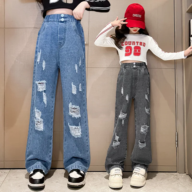 Teen-Girl-Ripped-Hole-Wide-Leg-Jeans-Fashion-Loose-Straight-Trousers ...