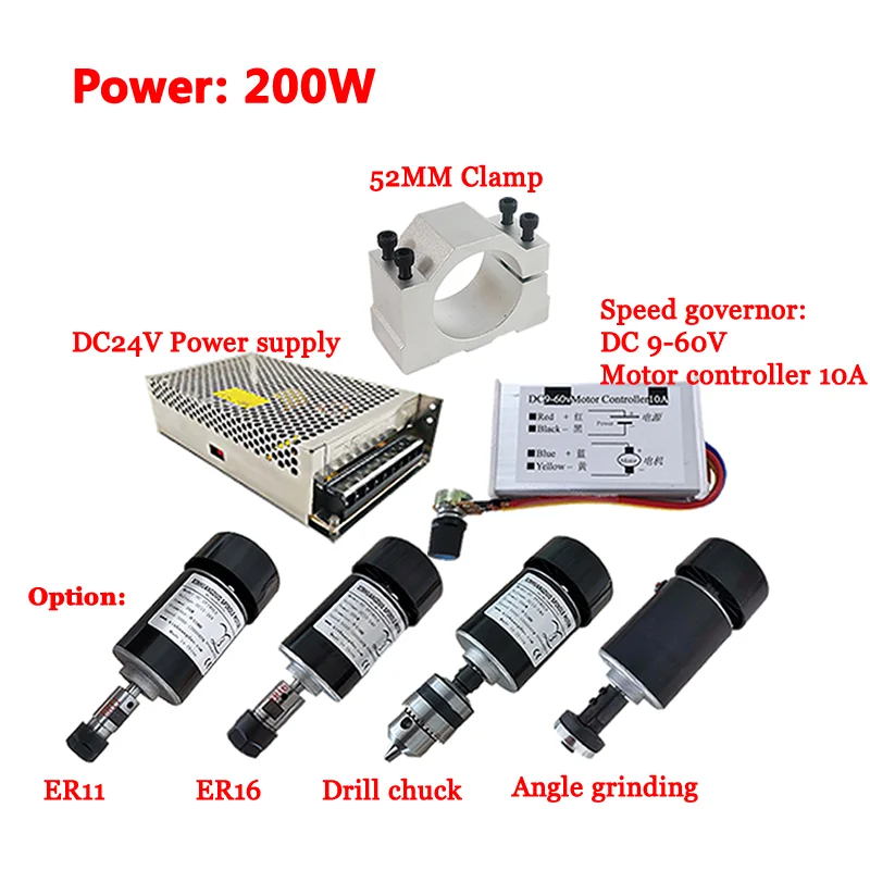 ER11-200W-DC-Spindle-CNC-Machine-Router-52MM-Clamp-Stepper-Motor-Driver ...