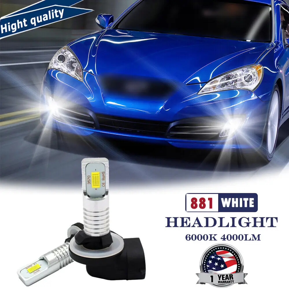2PC Clear White 881 886 LED For Car Front Fog Lights 6000K 35W ...