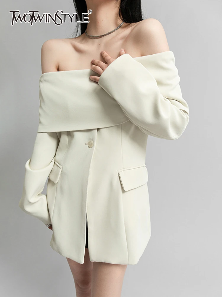 TWOTWINSTYLE-Solid-Blazers-For-Women-Slash-Neck-Long-Sleeve-Slim ...