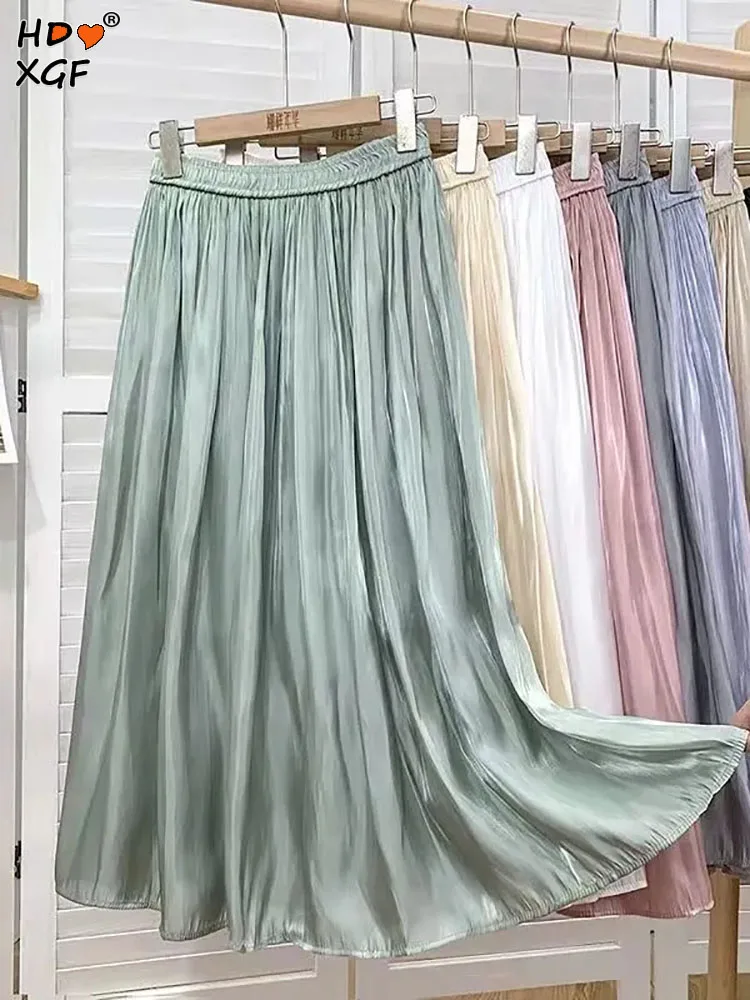 Multiple-Colors-Chiffon-Pleated-Midi-Skirts-For-Women-Summer-Elastic-A ...
