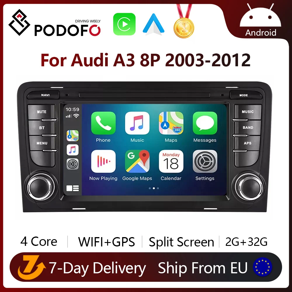 Podofo Wireless Carplay Android Autoradio For Audi A3 8P Car Multimedia Player Radio With 7 ...