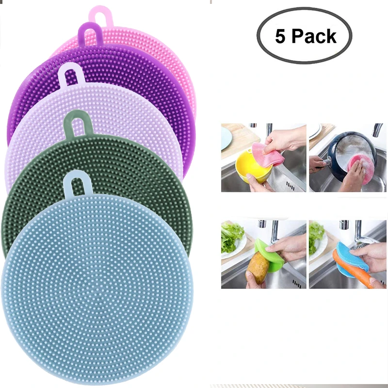 5 Pieces Magnic Silicone Dish Sponge Washing Brush Scrubber 5 Pack ...