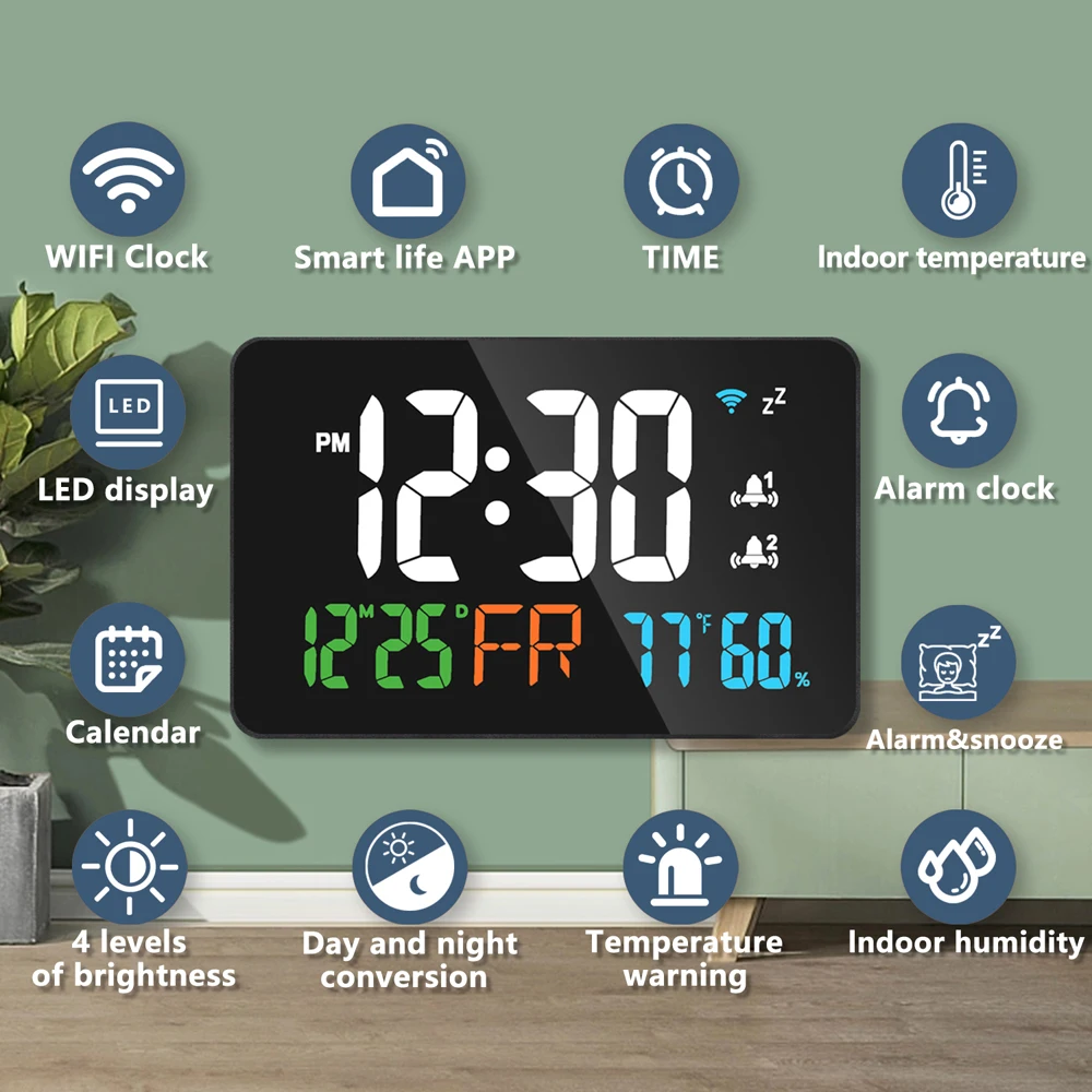 Inteligentny zegar Tuya WiFi, zegar biurkowy z kalendarzem, termometrem ...