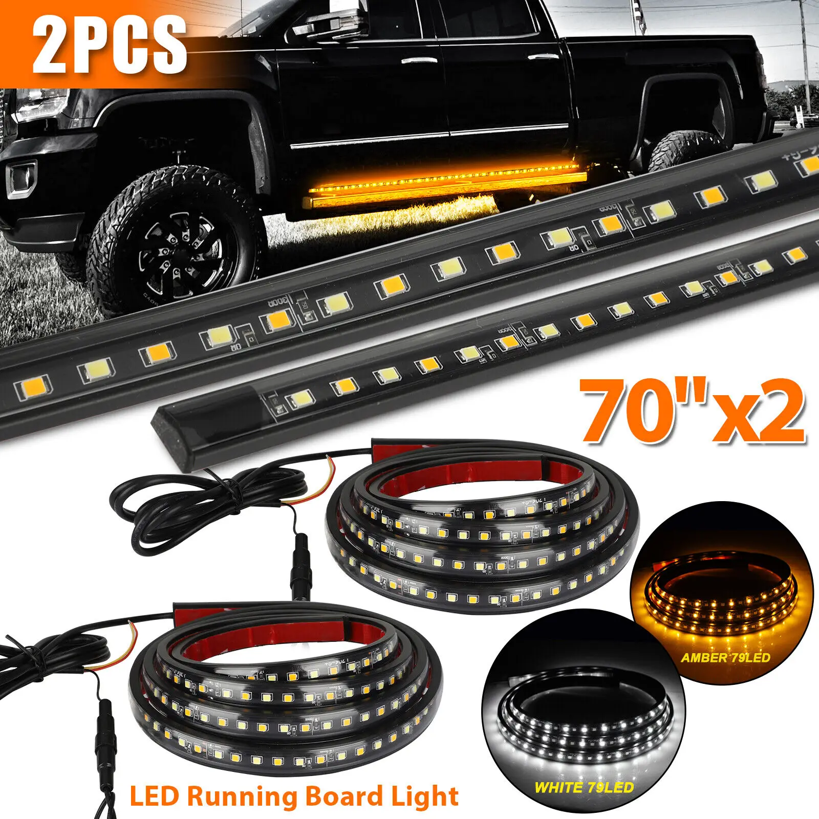 2X 70" Running Board DRL Side Step Strip Bar White Amber Turn Signal ...