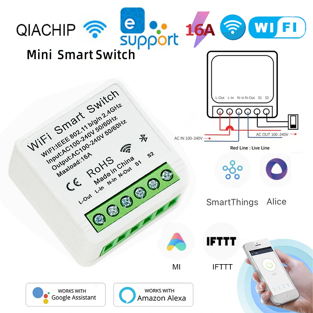 QIACHIP Wifi Smart Switch Mini 16A DIY Light Switches 2 Way Smart Home ...