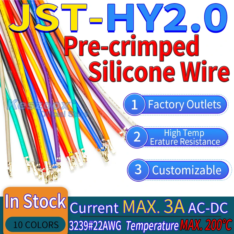 JST HY2.0mm Pre-Crimped Silicone Cable Wire 22AWG Copper Wire High ...