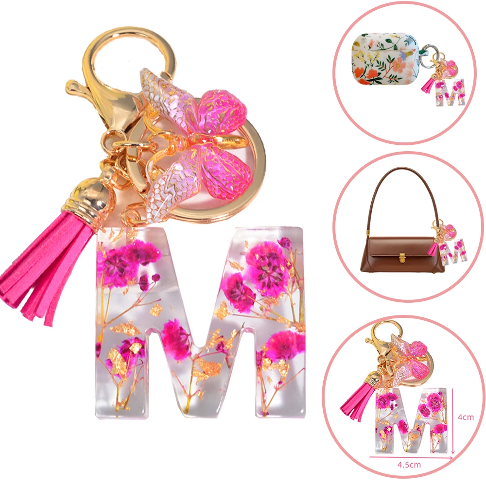 Pink-Color-Butterfly-Keychains-Dried-Flower-Gold-Foil-Filled-Key-Ring ...