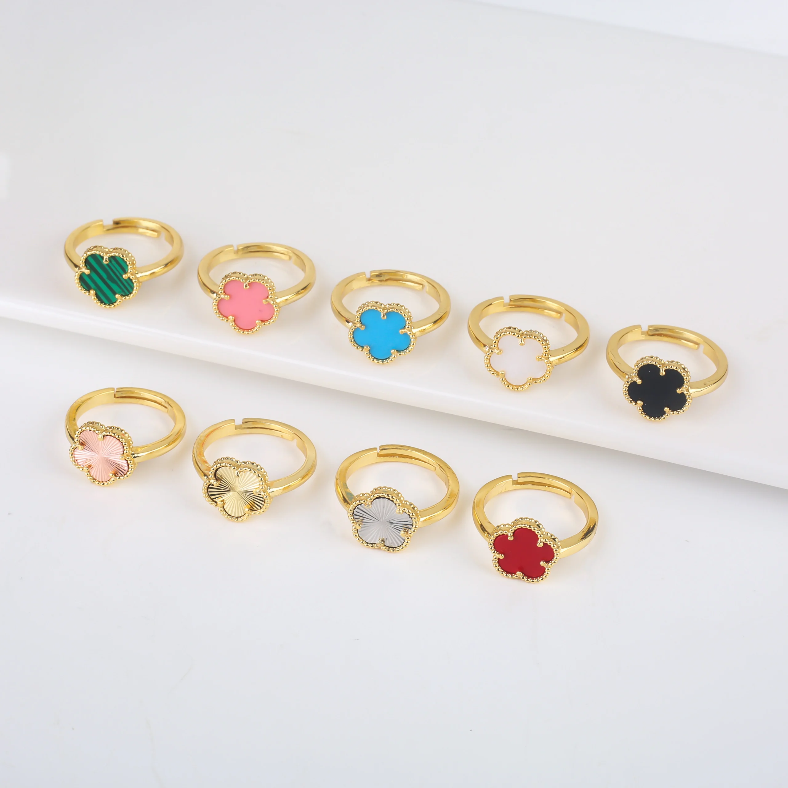 9 Colors Adjustable Shell Stone Five Leaf Flower Ring Cute Hot Selling ...