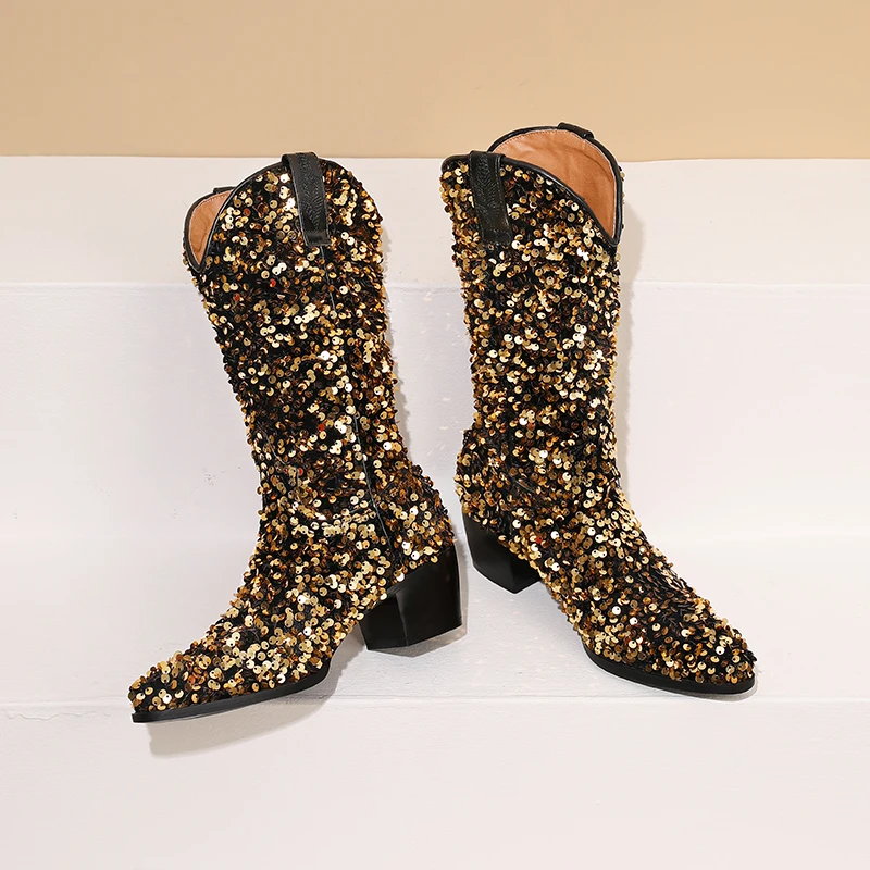 Pink-Gold-Sequined-Cloth-Cowboy-Western-Boots-Glitter-Purple-Blue-Bling ...