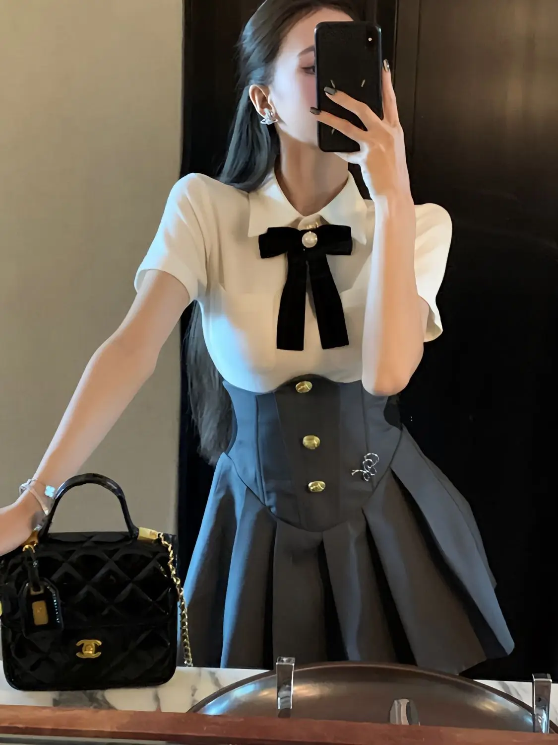 Korean-2-piece-Spicy-Girls-Pleated-Skirt-Preppy-Style-Bow-Necktie-White ...