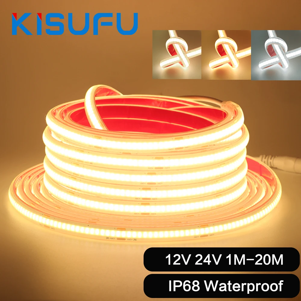 IP68 Waterproof COB LED Strip Lights 12V 24V 320LEDs/m 1M 5M 10M 15M ...