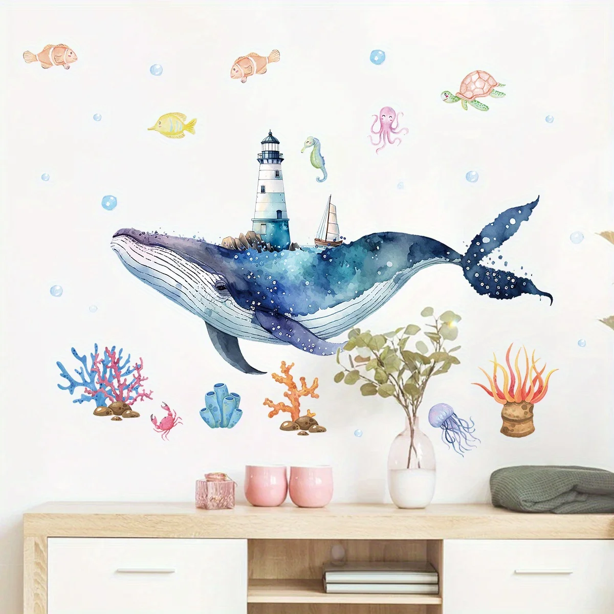 1pc Cartoon Cute Whale Seaworld Wall Stickers for Kids Room Children's ...