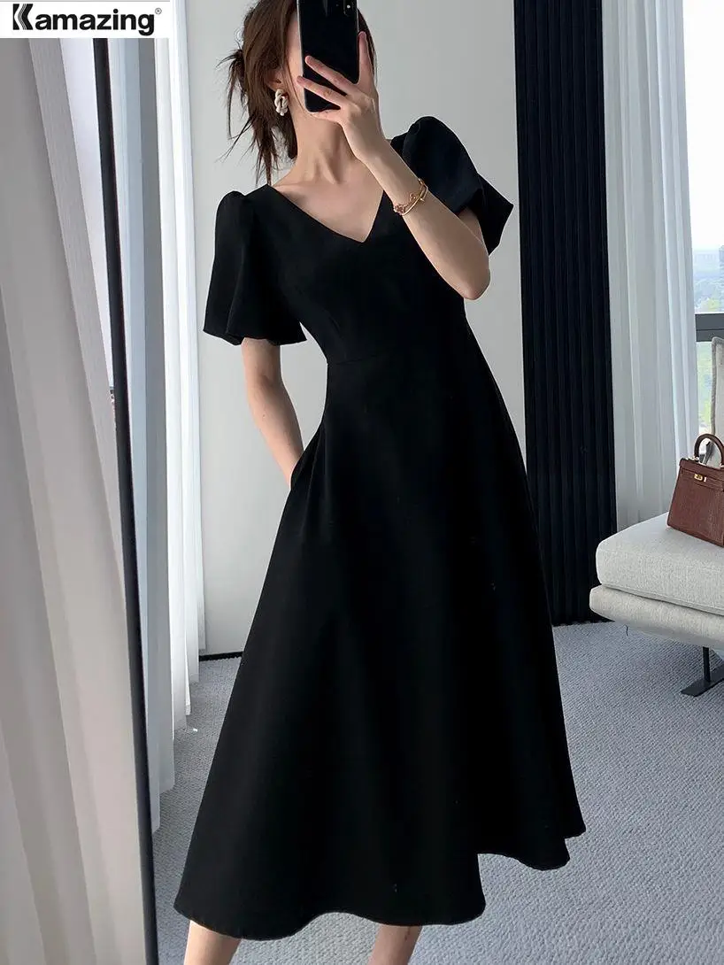 Vestido-Midi-negro-elegante-para-mujer-ropa-de-oficina-l-nea-A-color ...