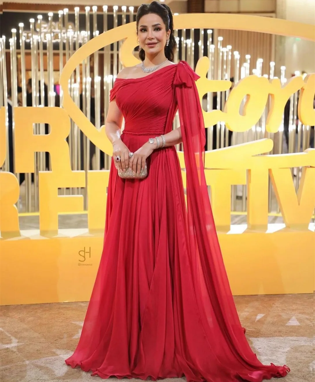 Elegant-Long-Red-Tulle-Evening-Dresses-With-Ribbon-A-Line-One-Shoulder ...