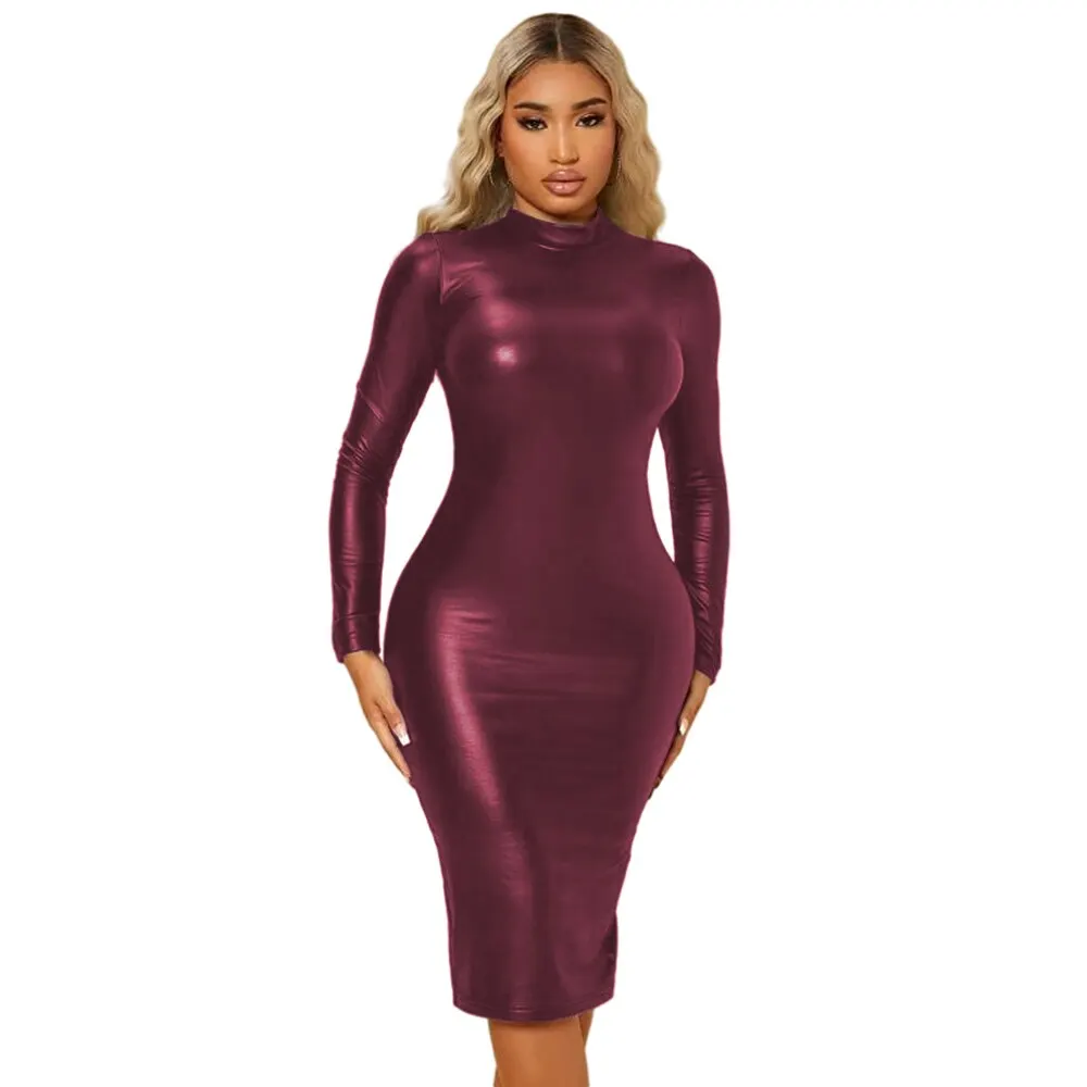 Women-Long-Sleeve-Bodycon-Pencil-Dress-Vinyl-Metallic-Stretchy-Knee ...