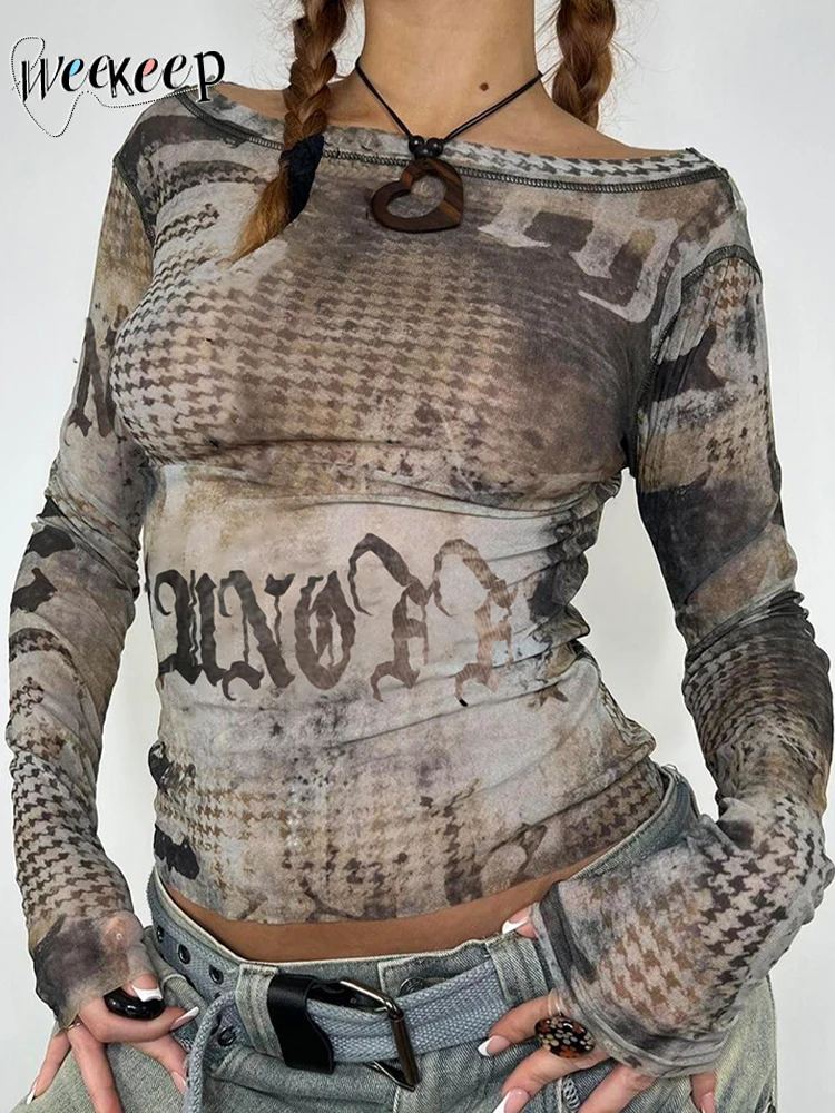 Weekeep Grunge Retro Mesh Crop Top Y2k Vintage Print Long Sleeve See