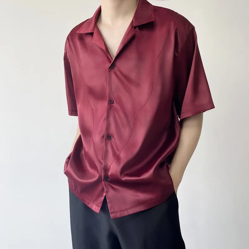 Summer-Men-s-Stylish-Shirt-Cuban-collar-Satin-Silk-Wine-Red-Dress ...