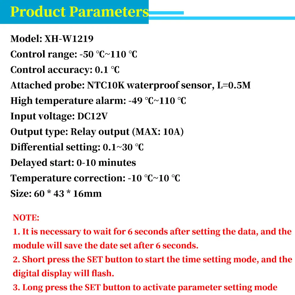 W1219 DC 12V Dual LED Digital Thermostat Temperature Controller temperature Regulator Switch ...