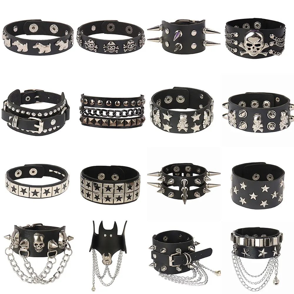 Skull Punk Gothic Rock Chains Metal Stud Spikes Rivet Pu Leather ...