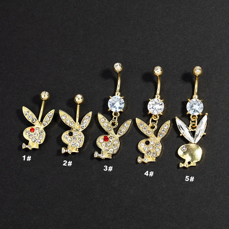2pcs Zircon Rabbit Belly Button Ring Navel Piercing Stainless Steel ...