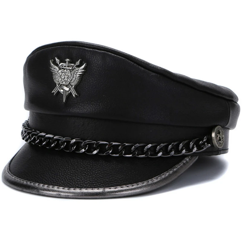 Novelty-Winter-Men-s-Genuine-Leather-Hat-Male-Flat-Top-Badge-Locomotive ...