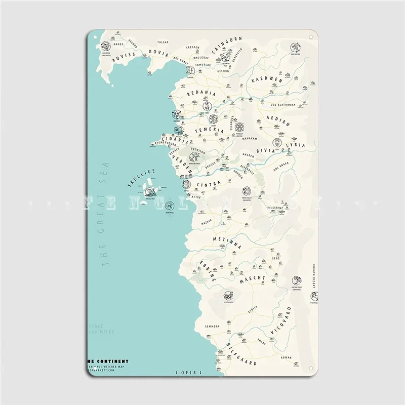 Illustrated Witcher World Map Metal Sign Club Home Cave Pub Custom Wall ...