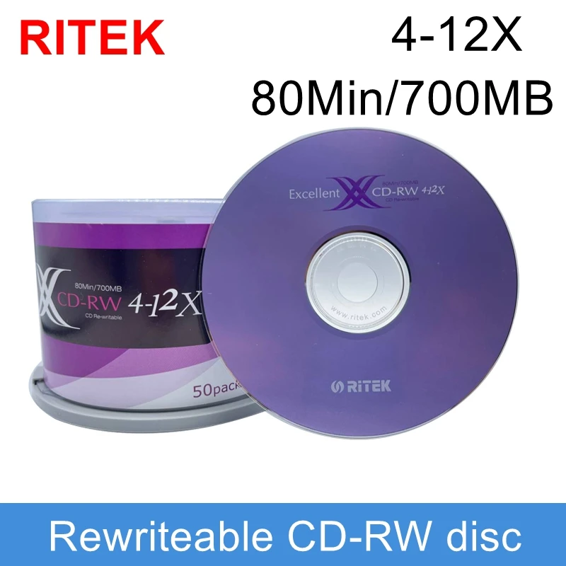 Ritek-50PCS-BOX-CD-RW-4-12X-80Min-700MB-Blank-Discs-Rewriteable-Disk-CD ...