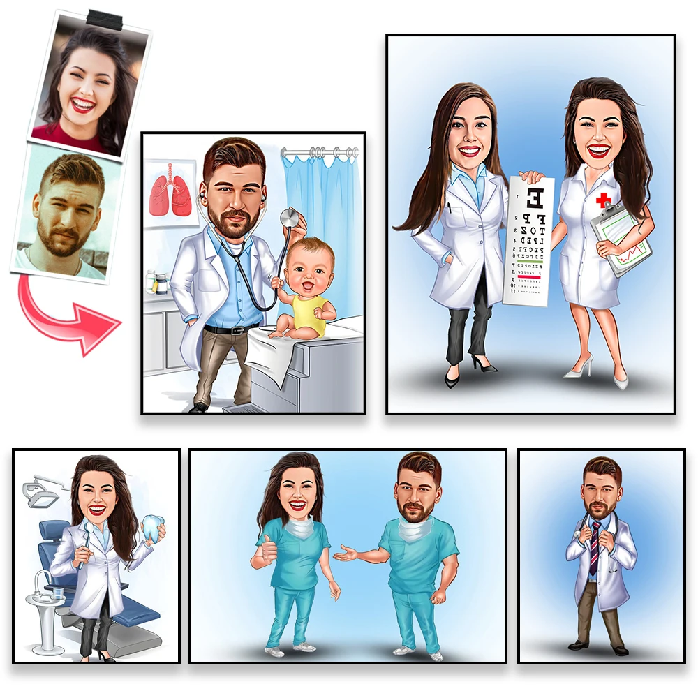 Custom-Cartoon-Portrait-Poster-Doctor-Dentist-Caricature-Prints ...