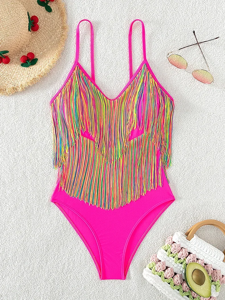 Colorful Tassel One Piece Swimsuit Women Sexy Hot Pink Push Up Tummy ...