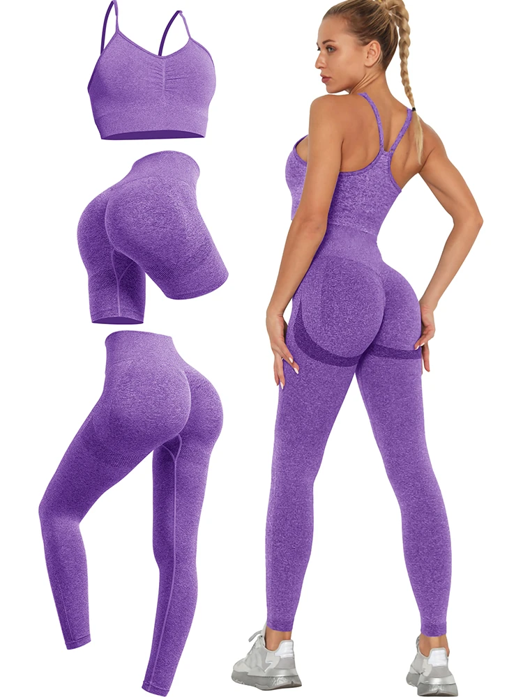 3Pcs Yoga Set Womens Seamless Workout Running Gym Clothe Fitness Leggings Long Sleeve active ...