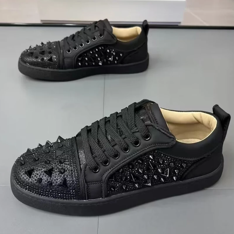 men luxury fashion rivets shoes original leather rhinestone shoe hip ...