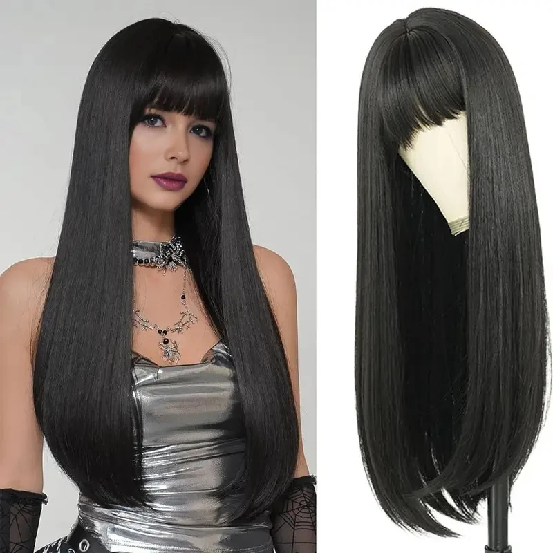 Peluca sintética de pelo liso negro para mujer con pelo largo y liso ...