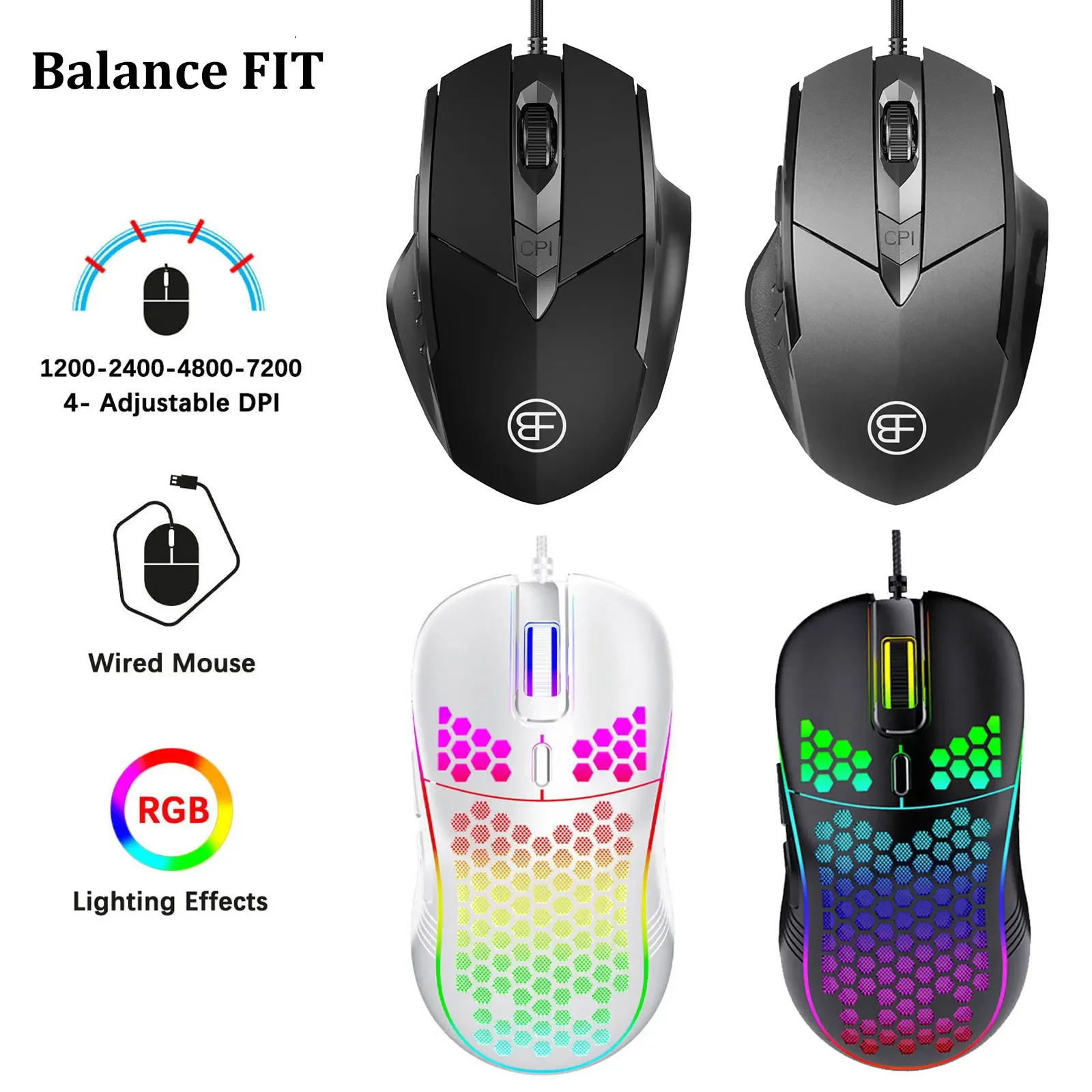 Optical Wired Gaming Mouse 6 Buttons Ergonomic Design with Adjustable 4 ...