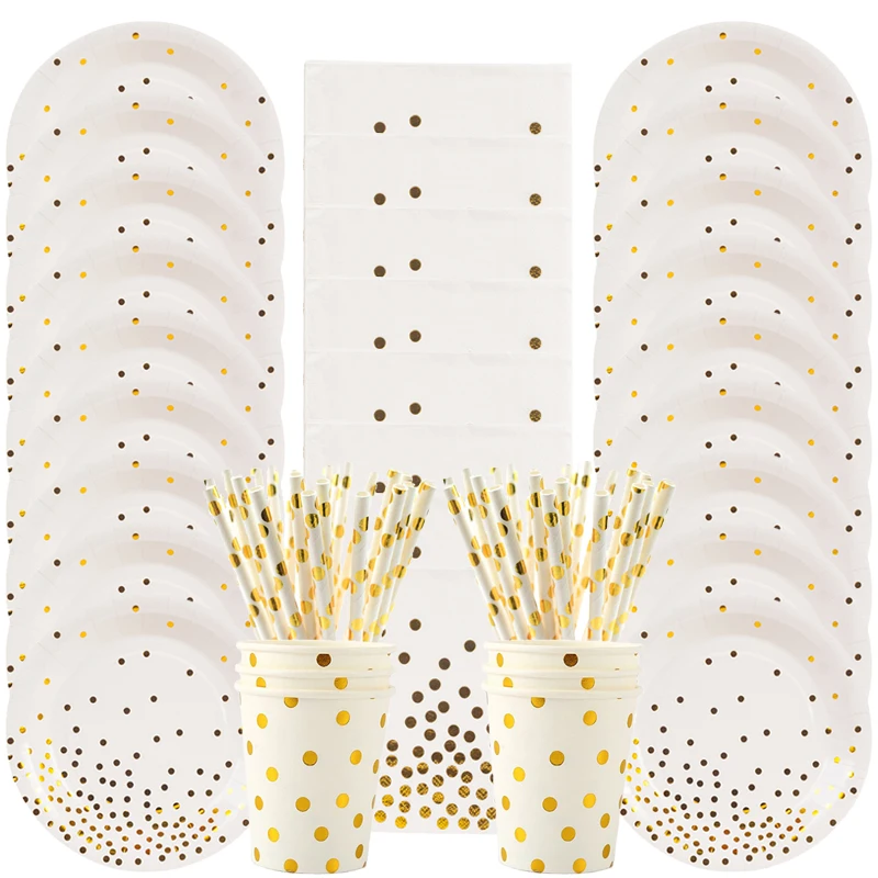 Gold-Dot-White-Disposable-Tableware-Set-Paper-Cups-Plates-Napkins ...