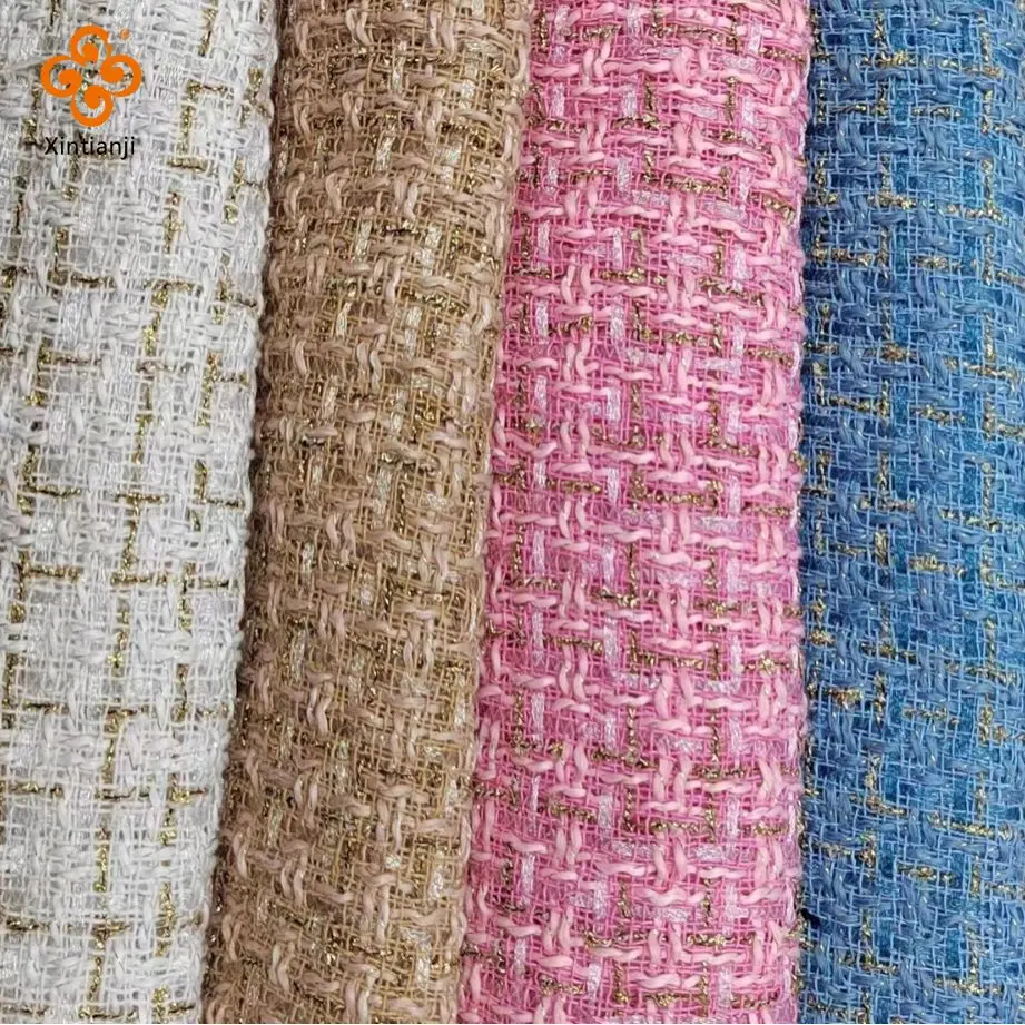 Woolen-Woven-Tweed-Fabric-Gold-Plaid-Stretch-Fashion-Women-s-Clothing ...