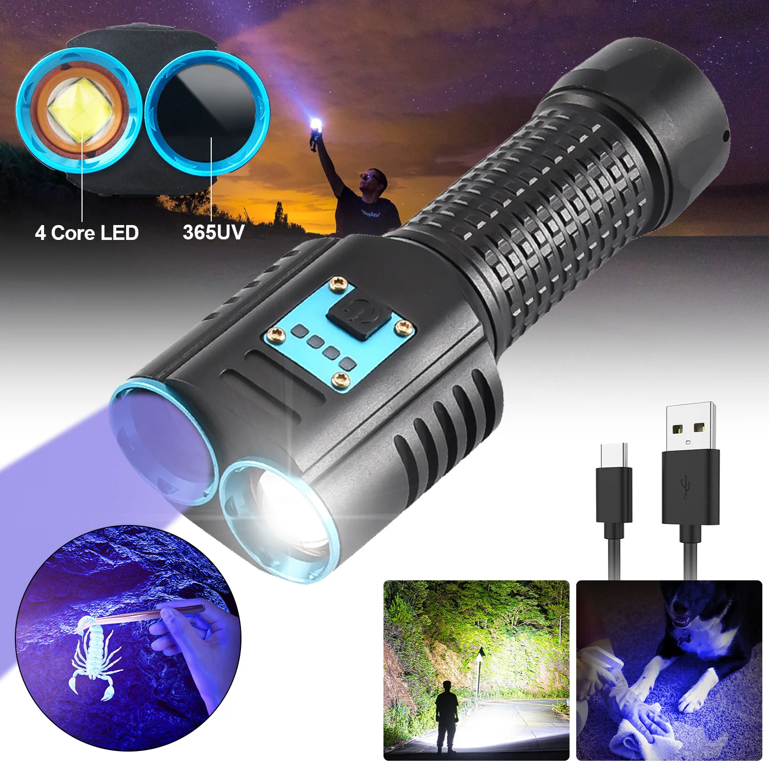 365nm-UV-LED-and-P70-quad-core-white-light-torch-Flashlight-Ultraviolet ...
