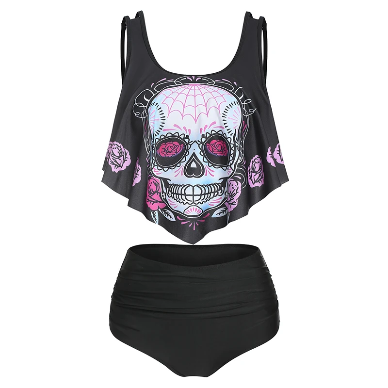 Skull-Flower-Print-Criss-Cross-Padded-Tankini-Set-Two-Piece-Swimsuit ...