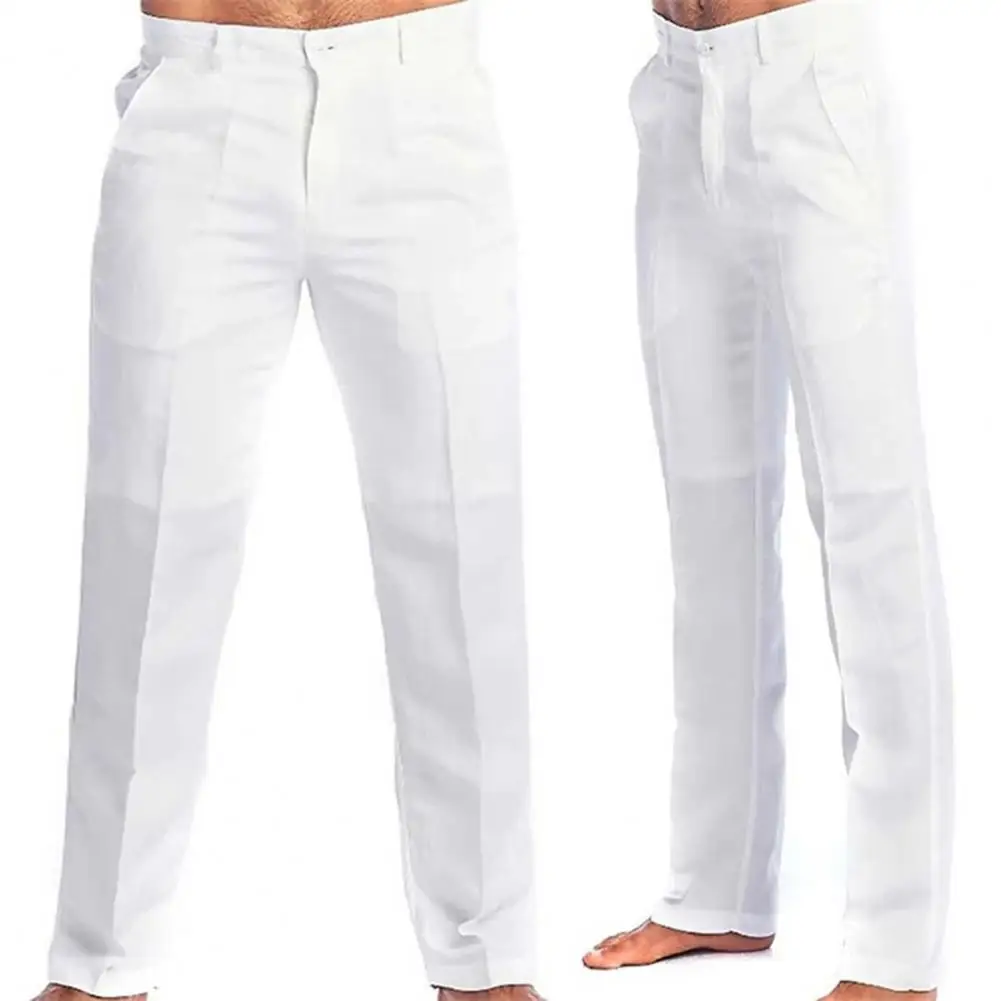 2023 Men's Stand Pocket Casual Linen Pants Solid White Gray Trouser ...