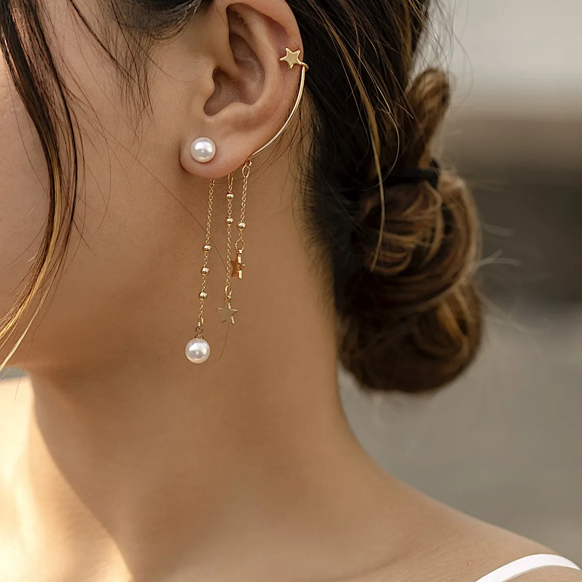 Trendy-star-arc-shaped-pearl-tassel-earrings-without-earpiercing-single ...
