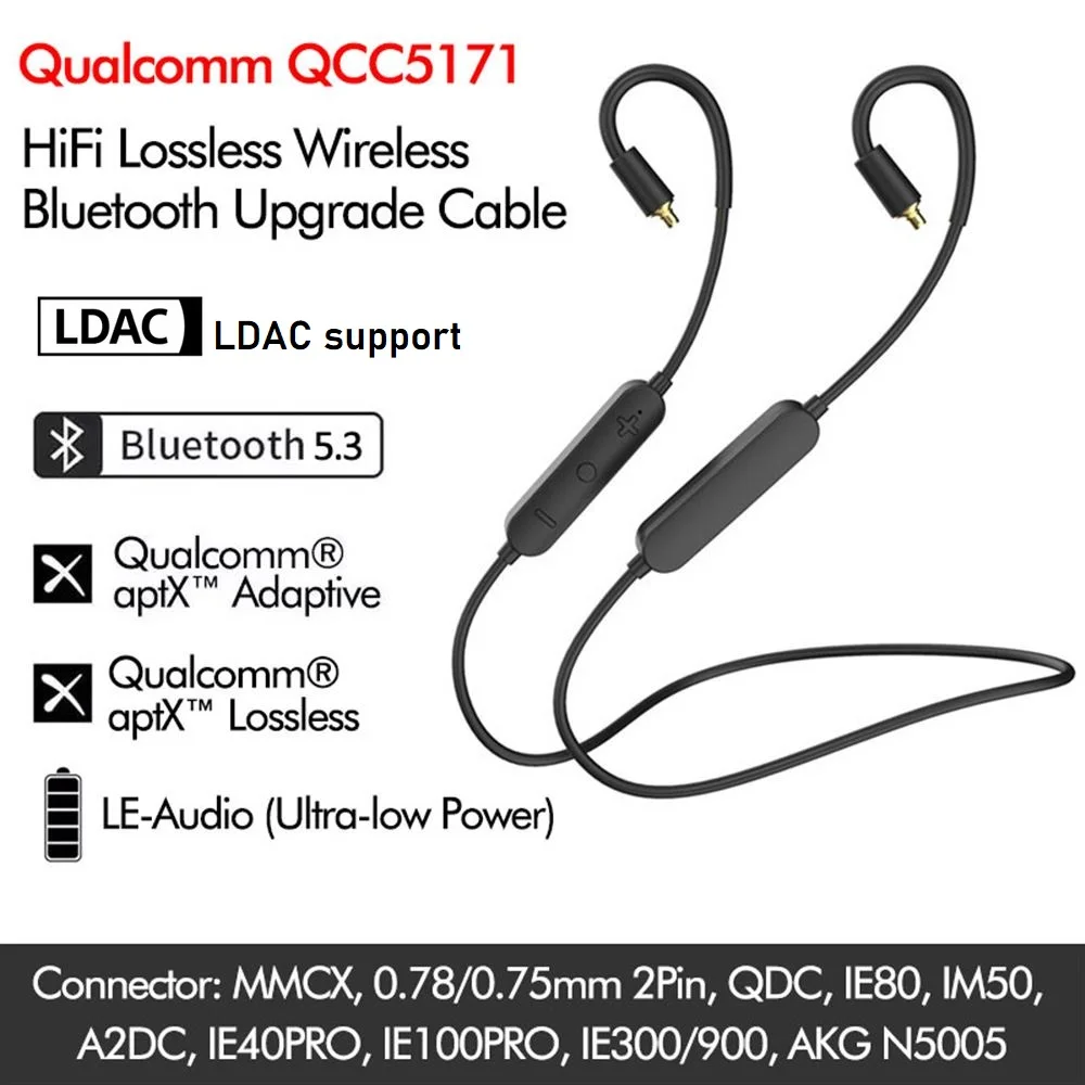 HIFI LDAC 블루투스 5.3 케이블, 헤드폰 케이블 어댑터, aptX 적응형, HD, LL, IPX5, QCC5171 ...