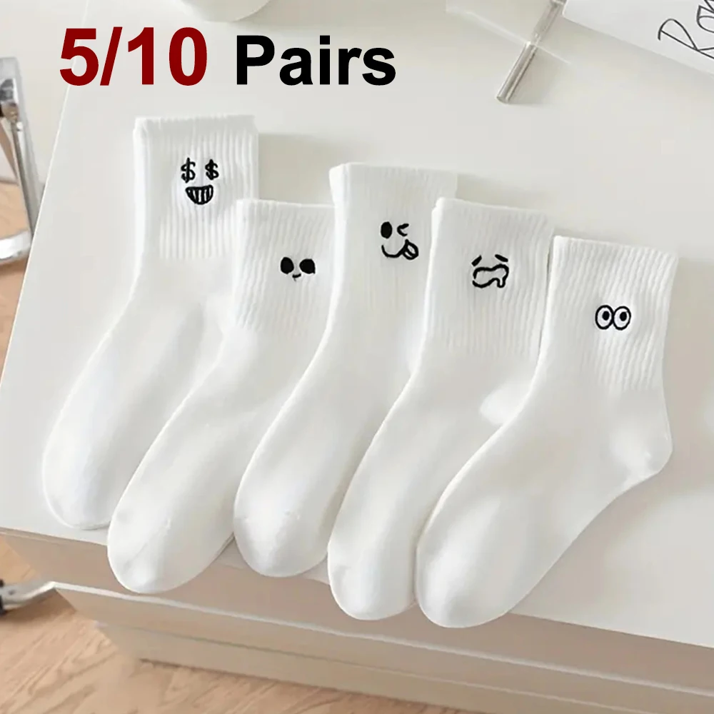 5/10 Pairs Women White Cartoon Socks Trendy Versatile Expression Socks ...