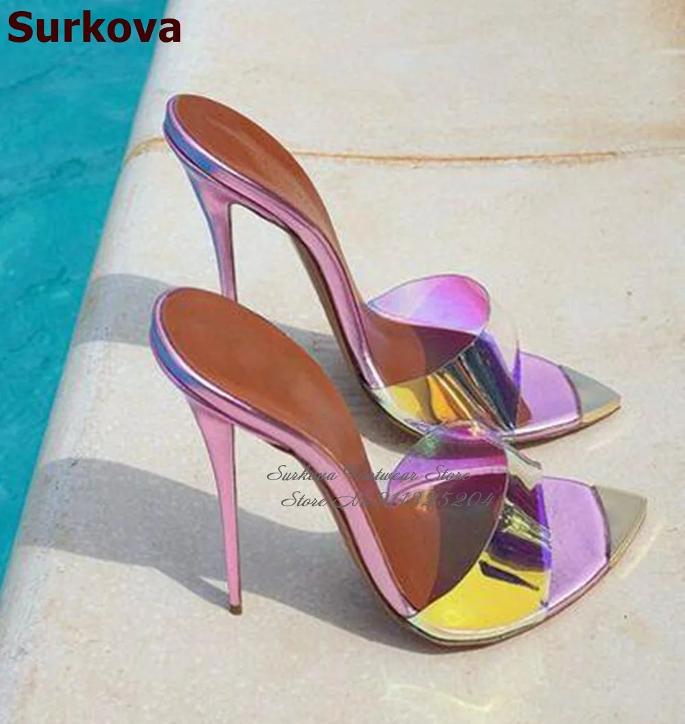 Surkova Pink Hologram Iridescent PVC Steel Tip Toe Slippers Thin High ...