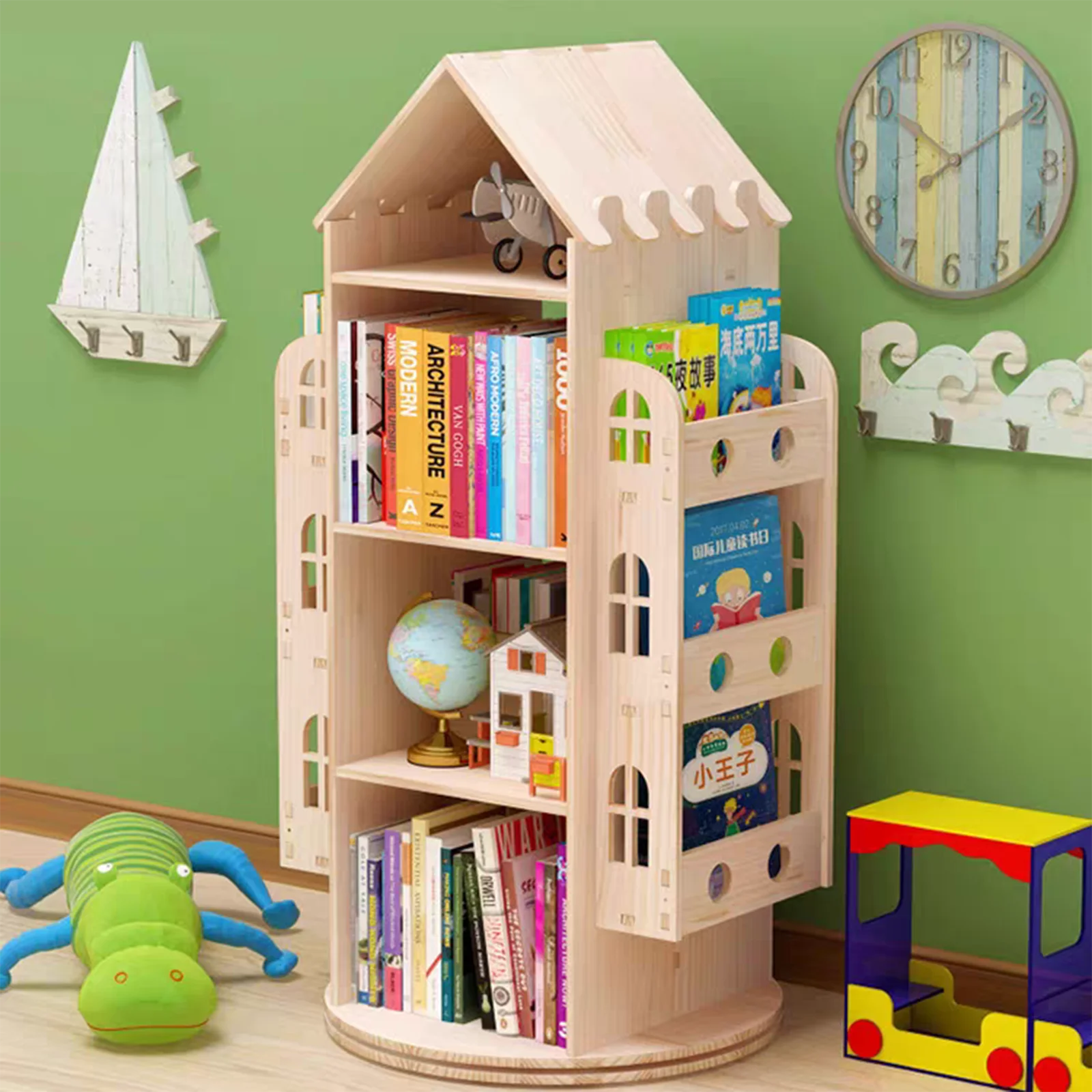 Rotating-Bookshelf-360-Degree-Wood-Castle-Bookcase-Floor-Standing ...