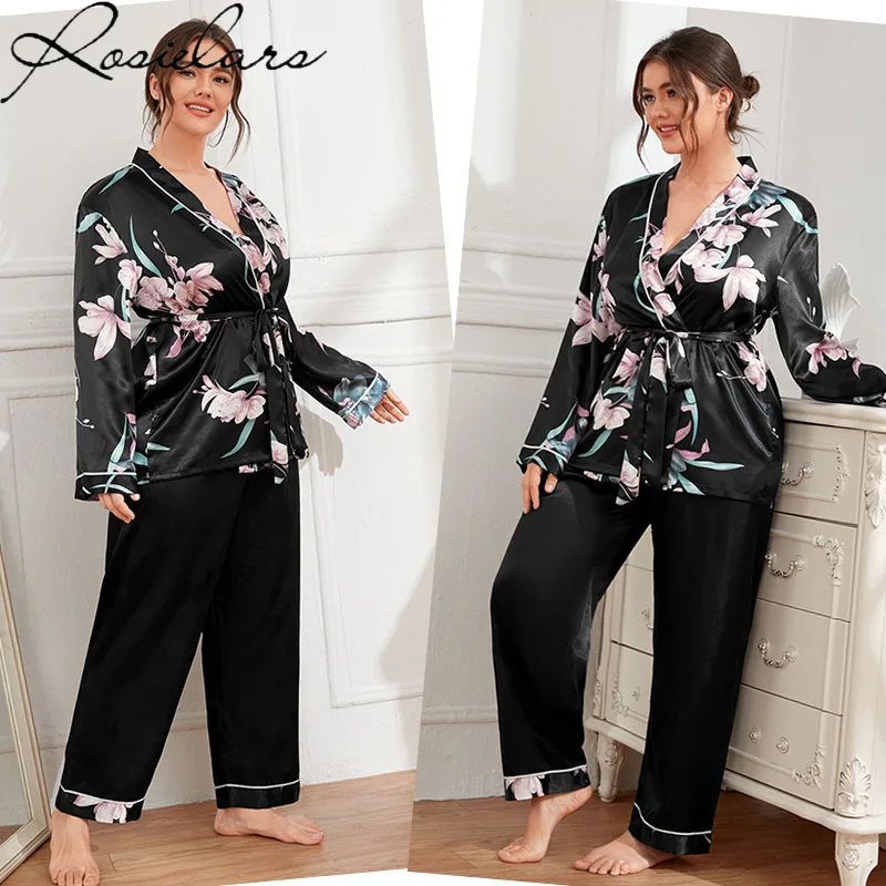 Conjuntos de pijamas de seda com cordões femininos, pijamas de manga ...