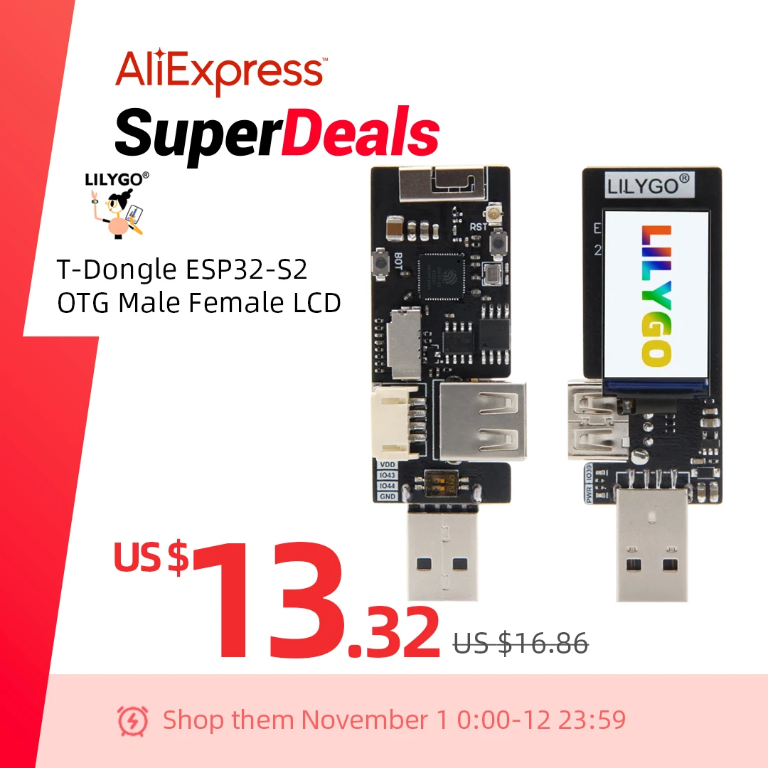 LILYGO® T Dongle ESP32 S2 Development Board Wireless WIFI Module OTG Male Female Interface 1.14 ...